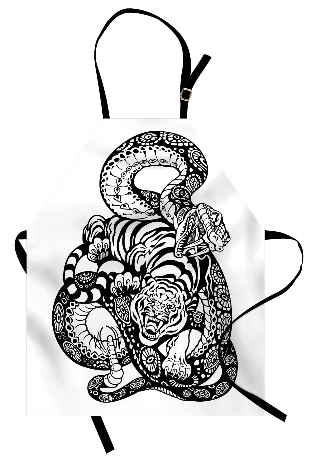 Tiger Apron Tattoo Style Scene of Two Animals Struggling Long Snake ...
