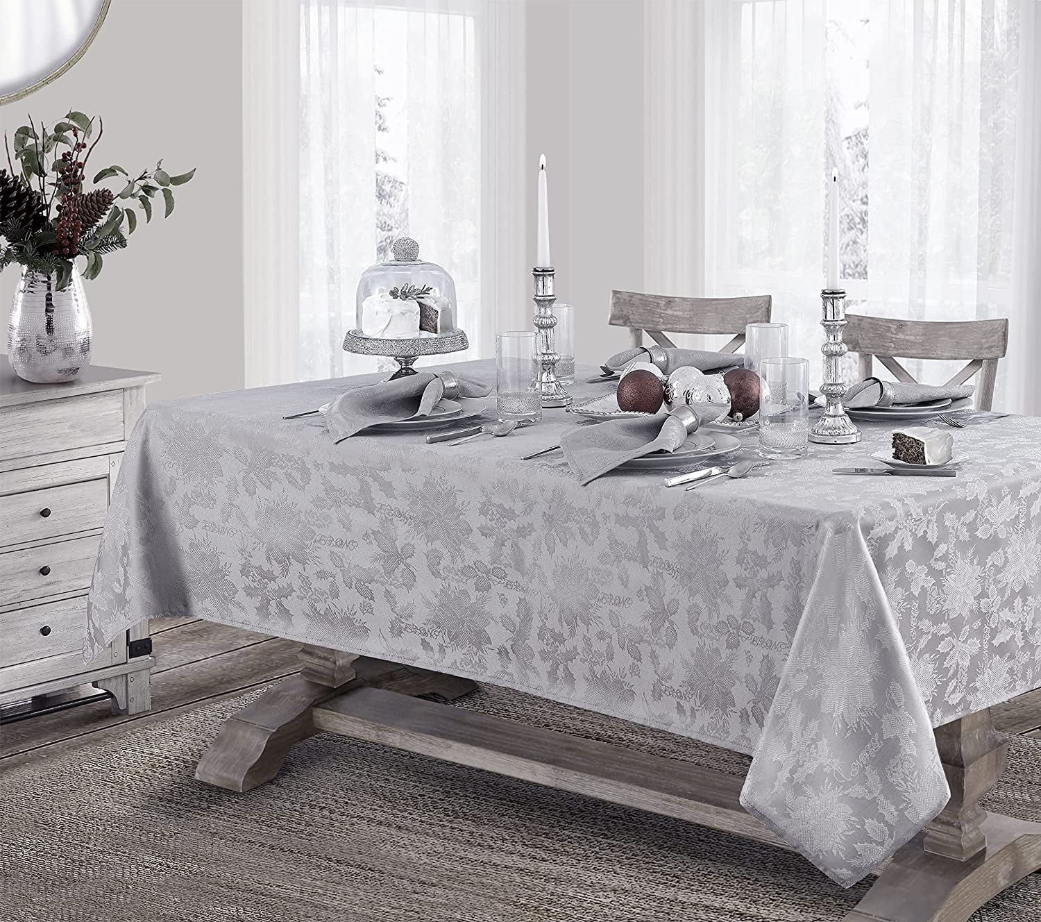 Newbridge “Christmas Carol” Holiday Noel Damask Tablecloth, Holly Leaf ...