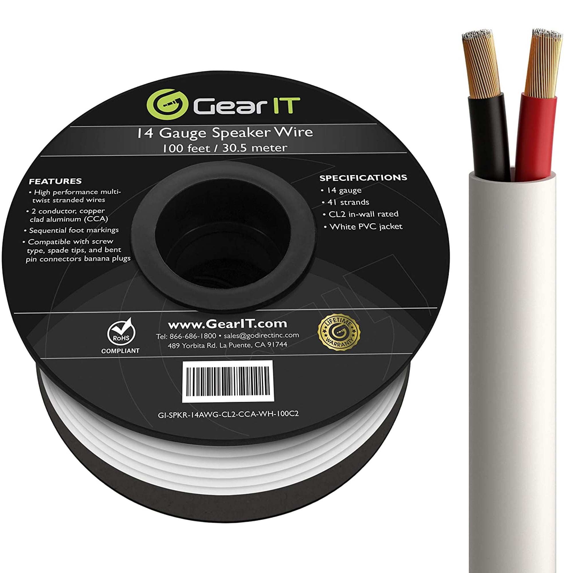 GearIT 14/2 Copper Clad Aluminum (CCA) CL2 In Wall Speaker Wire, White ...