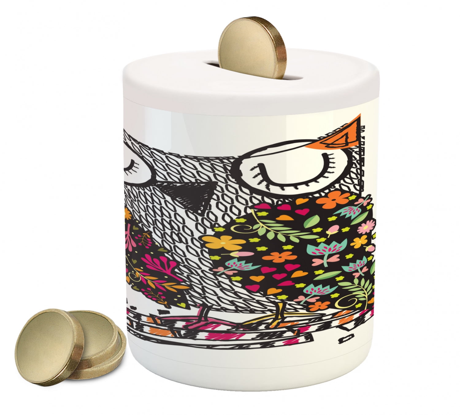 Owls Piggy Bank, Owl Shaped by Geometric Floral Blooms Plants Patterns ...