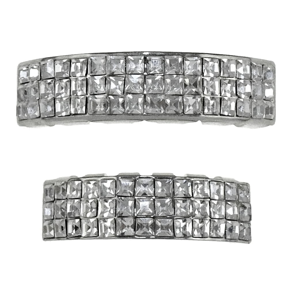VIP Grillz Set Bling Top And Bottom Teeth Silver Tone Three Row Hip Hop ...