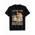 Black Retro Western Graphic T-Shirt – Cowboy On Horse At Sunset With I ...