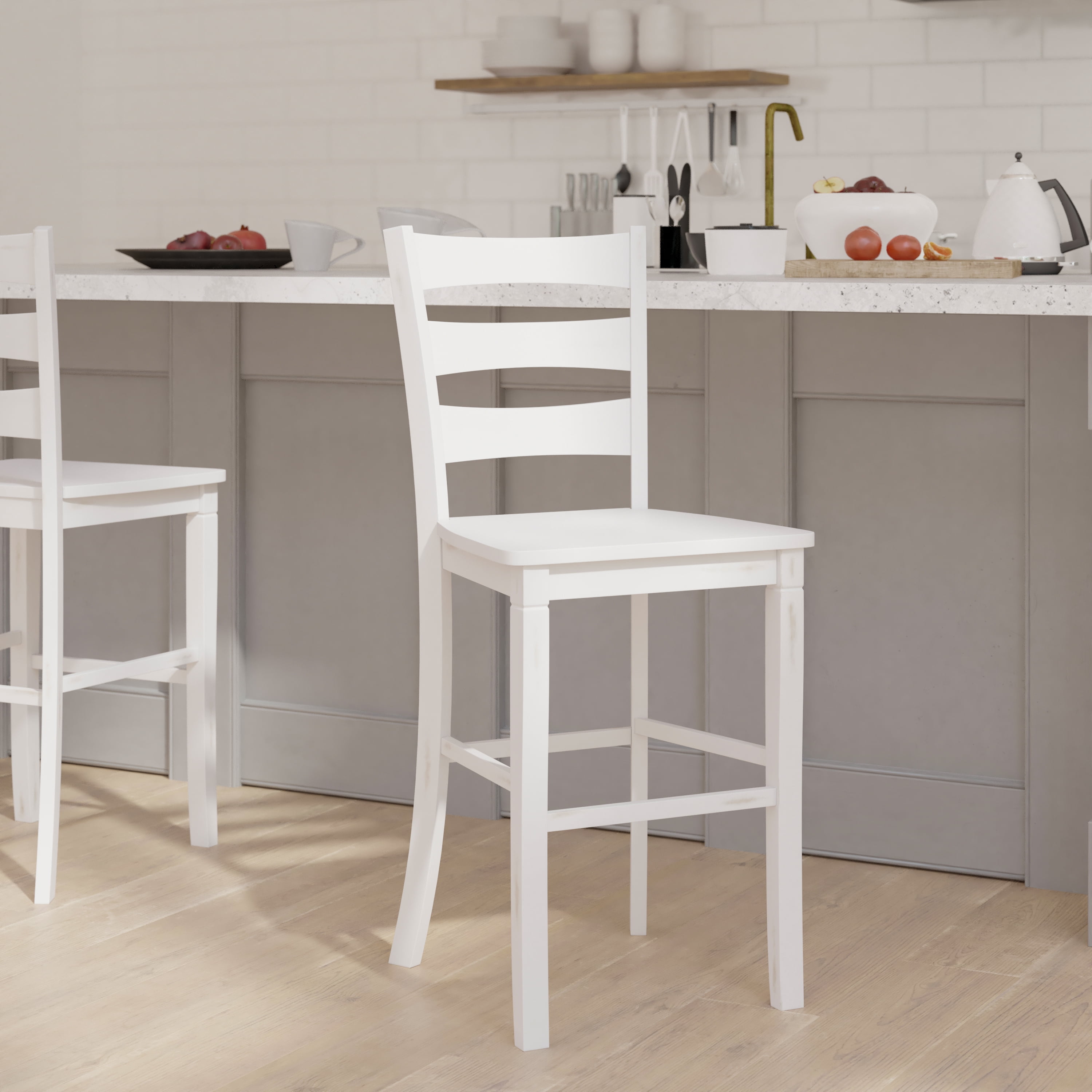 Emma + Oliver Classic Wood Bar Height Dining Stool in White Wash with ...
