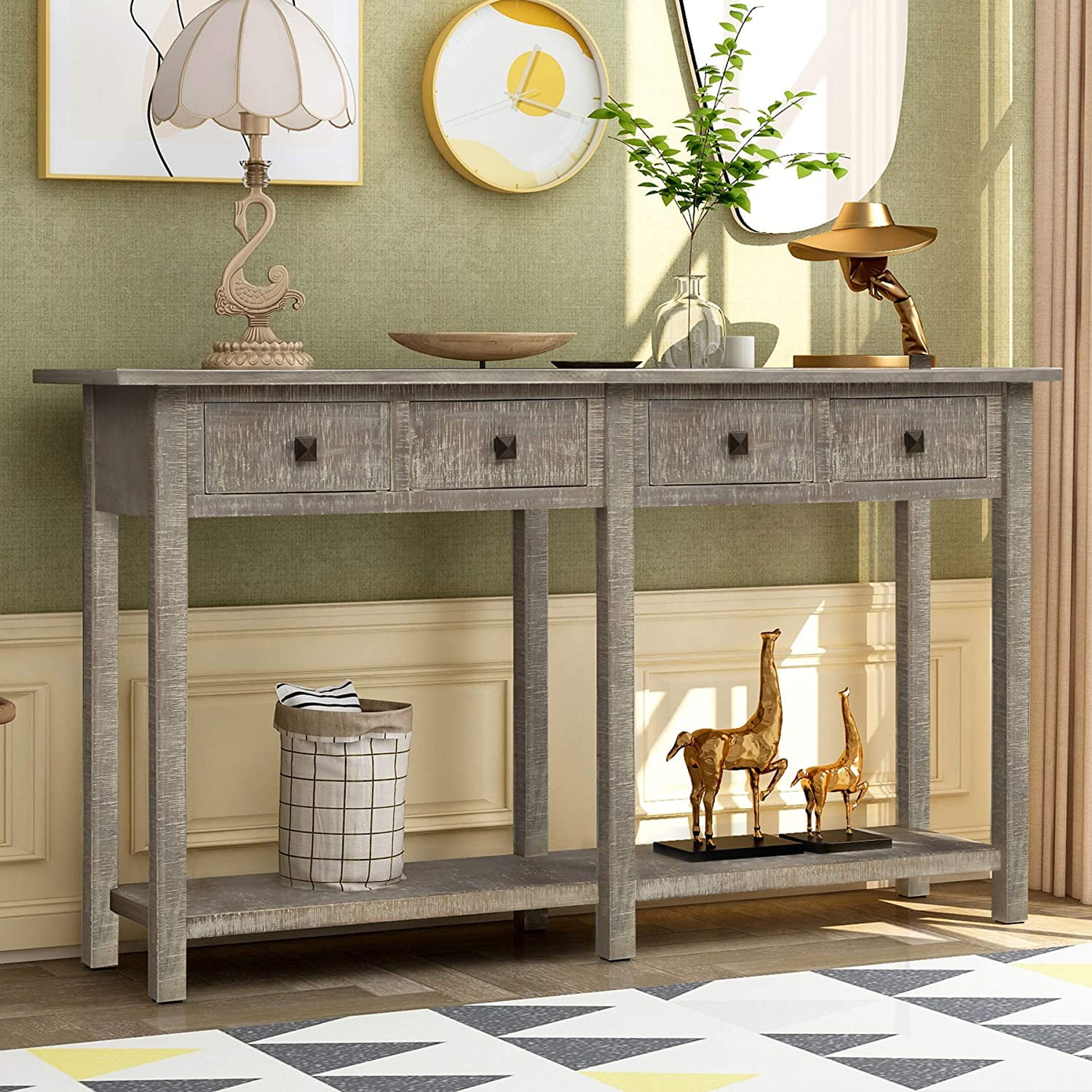 Retro Console Table Sofa Table for Entryway with Drawers and Shelf ...