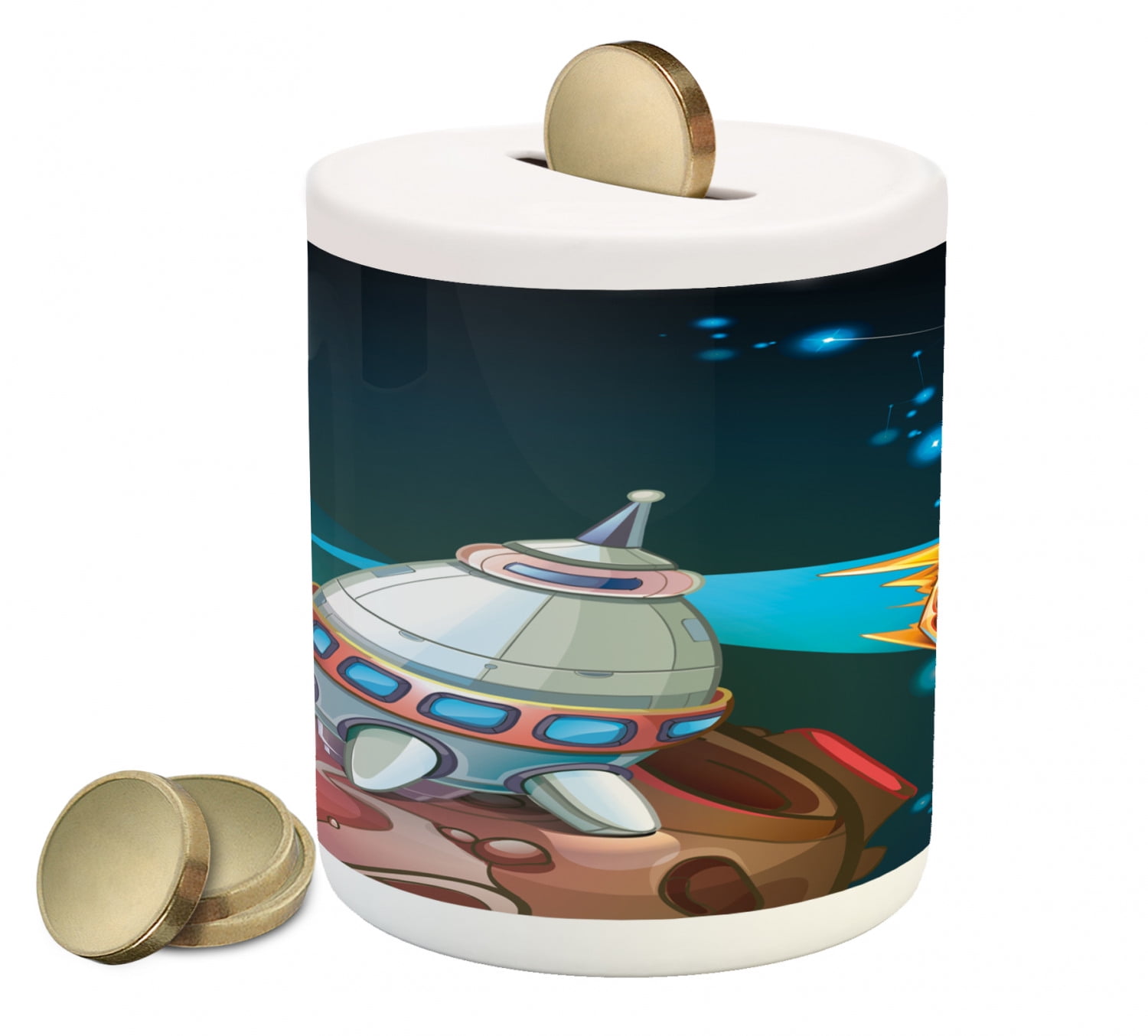 Cartoon Piggy Bank, Spacecraft Planets Outer Space Theme Rocket Stars ...