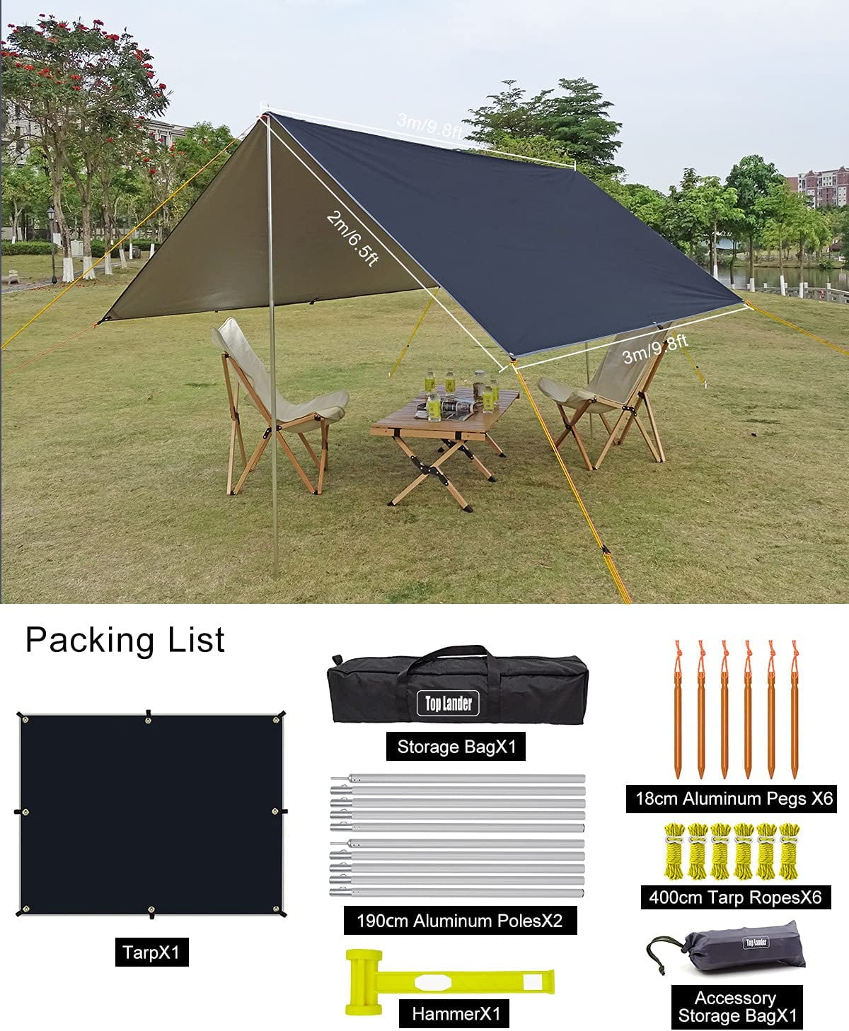 10X13ft Lightweight Camping Tarp with Poles Waterproof Tarp Tent Rain ...