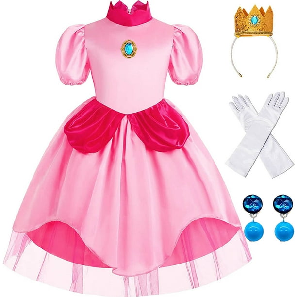 Girls Princess Peach Costume Super Bros Dress with Crown Earrings ...