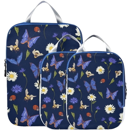 Packing Cubes Blue Butterfly On White Daisy Flower Compression Luggage ...