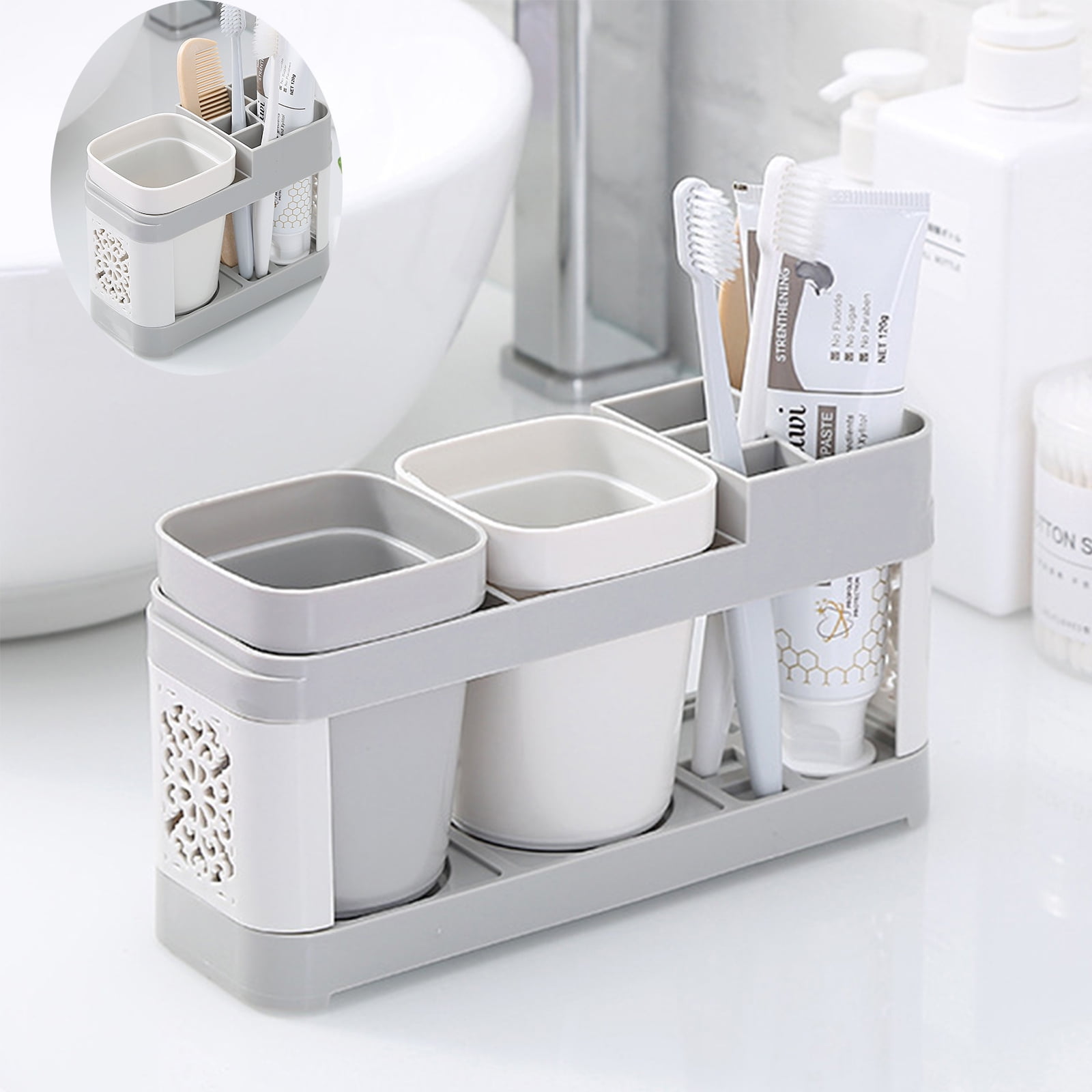 INTBUYING 2 Cups Toothbrush Toothpaste Stand Holder Bathroom Organizer ...