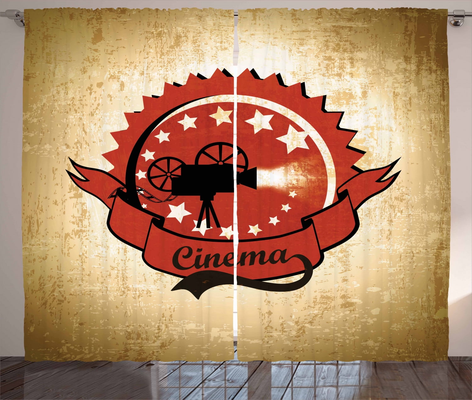 Movie Theater Curtains 2 Panels Set, Old Movie Camera Surrounded by ...