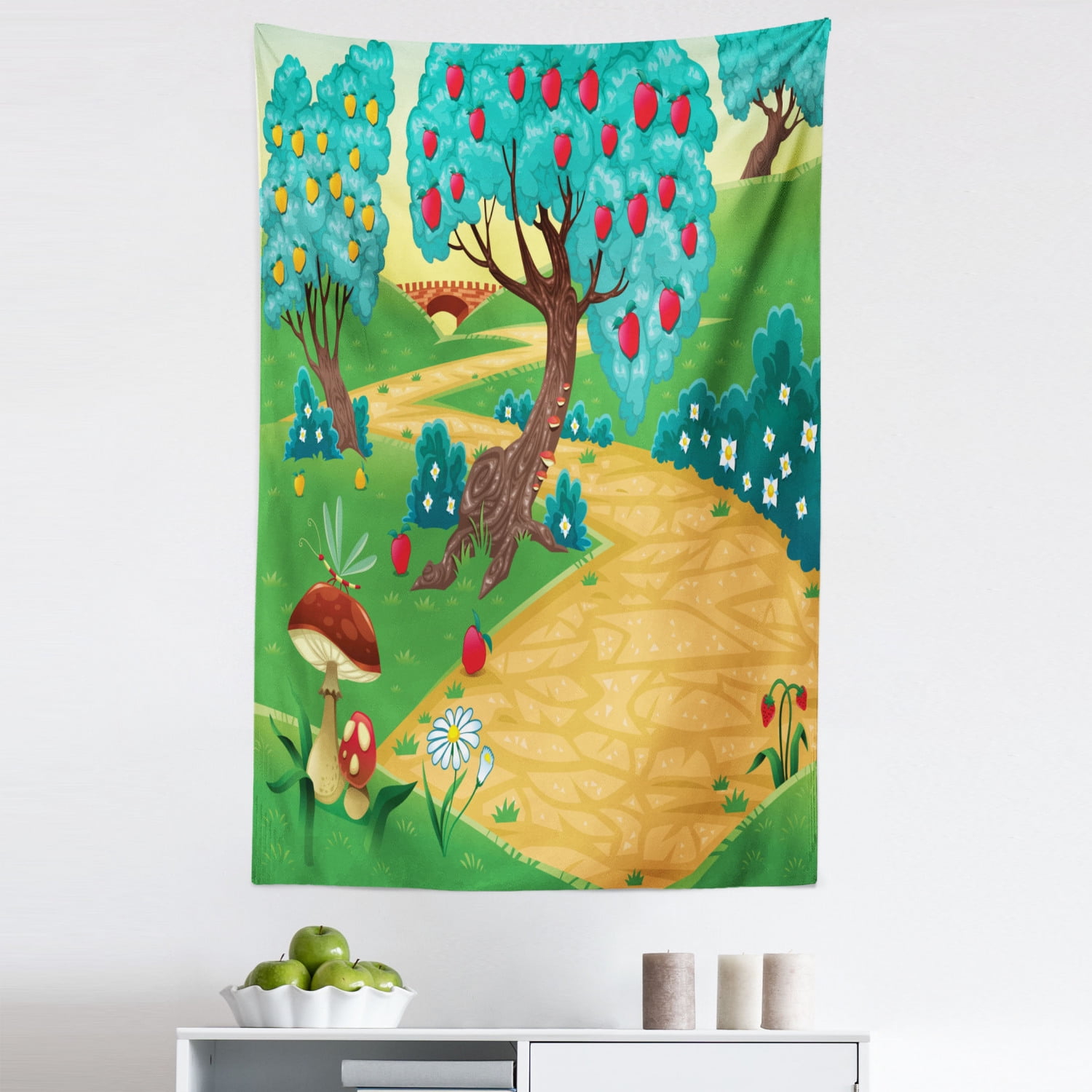 Spring Tapestry, Greeny Spring Lanscape with Mushrooms Dragonfly ...