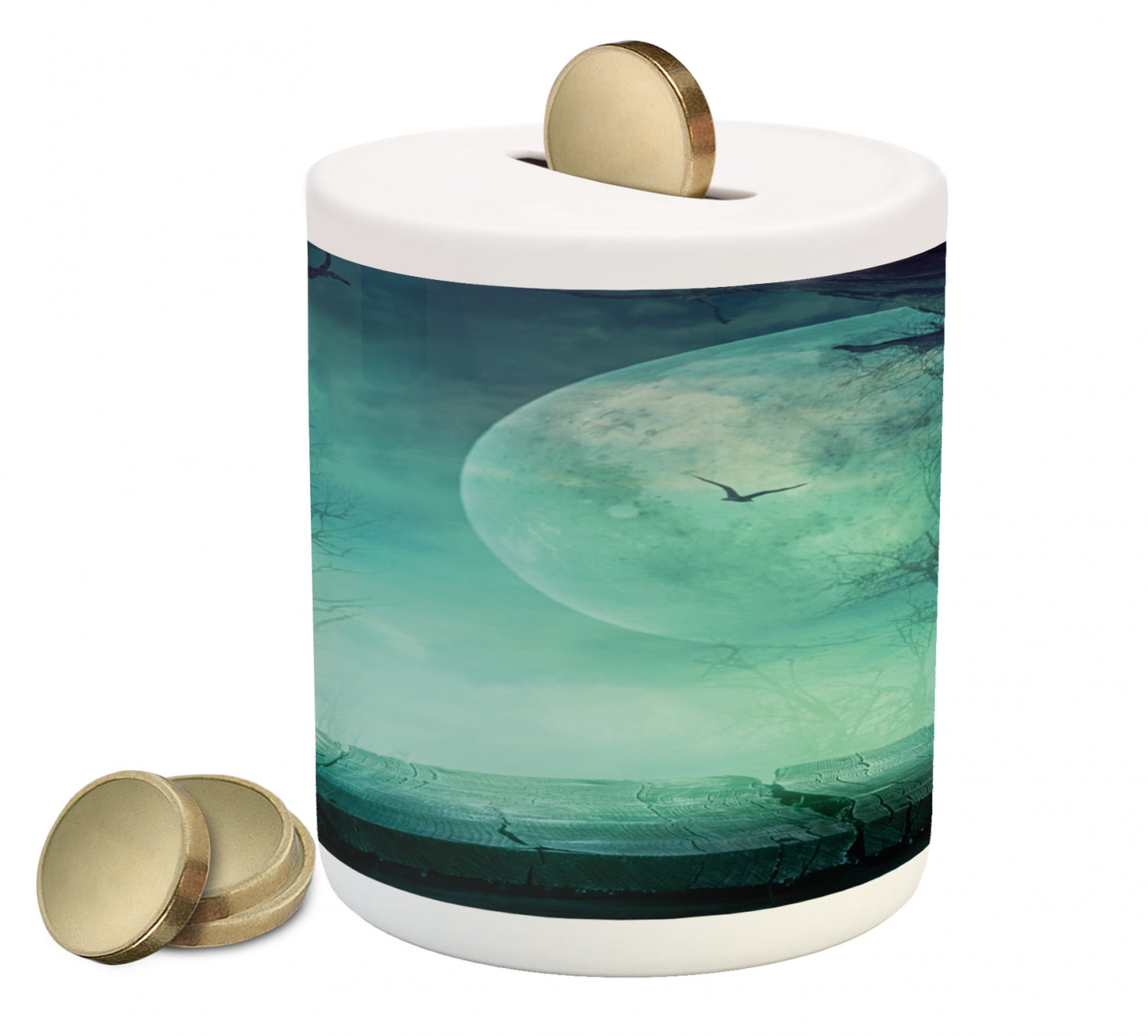 Halloween Piggy Bank, Spooky Teal Forest Moon and Vain Branches Haunted ...