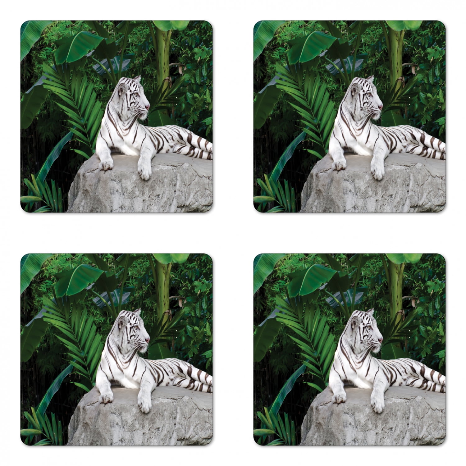 Safari Coaster Set of 4, White Tiger Setting on Stone Tropic Plants ...