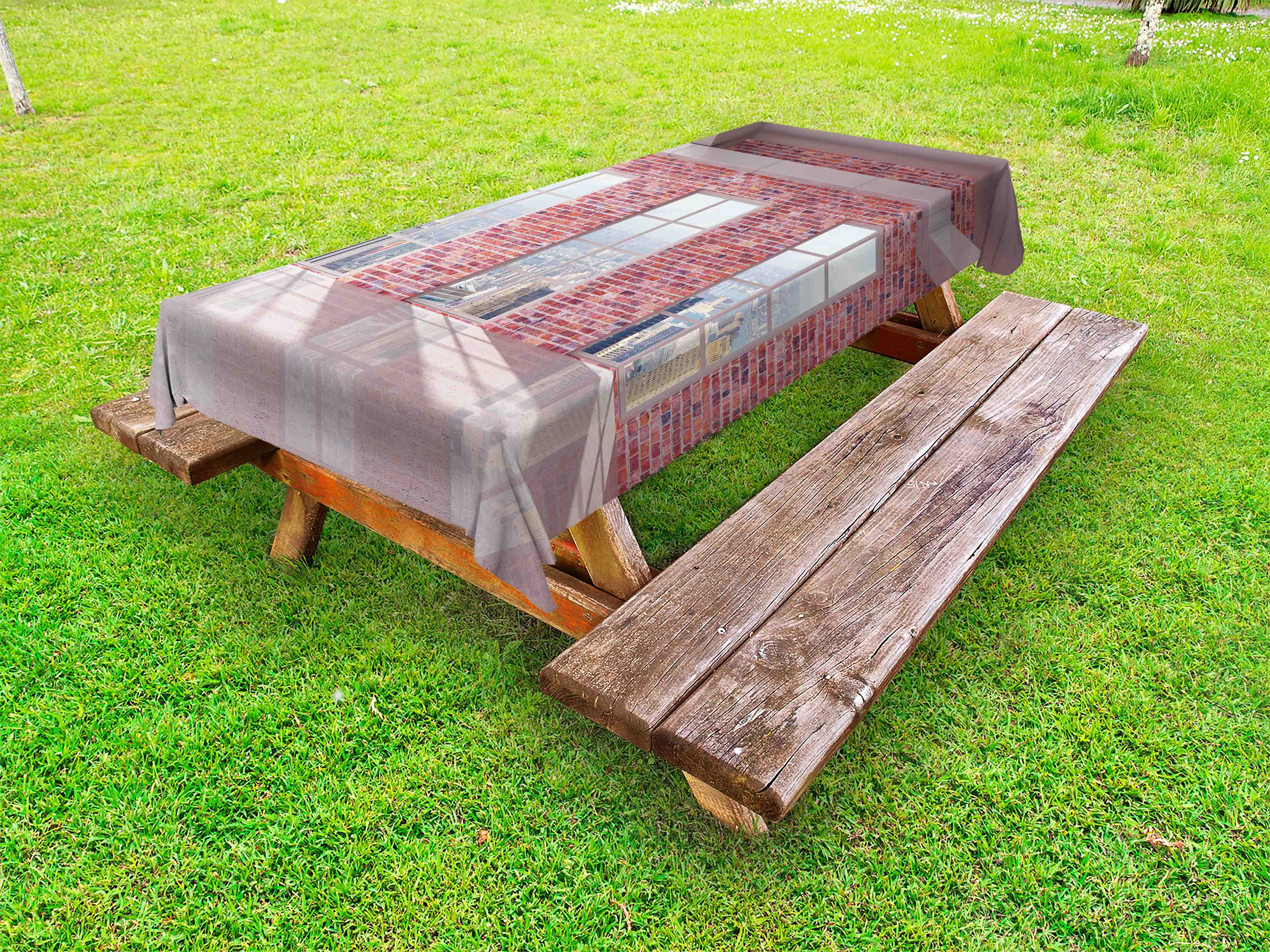 Modern Outdoor Tablecloth, Red Brick Wall Loft Interior with Windows to ...