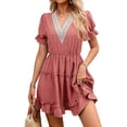 Red V Neck Lace Dresses for Ladies Summer Fall Short Sleeve Mini Petite ...