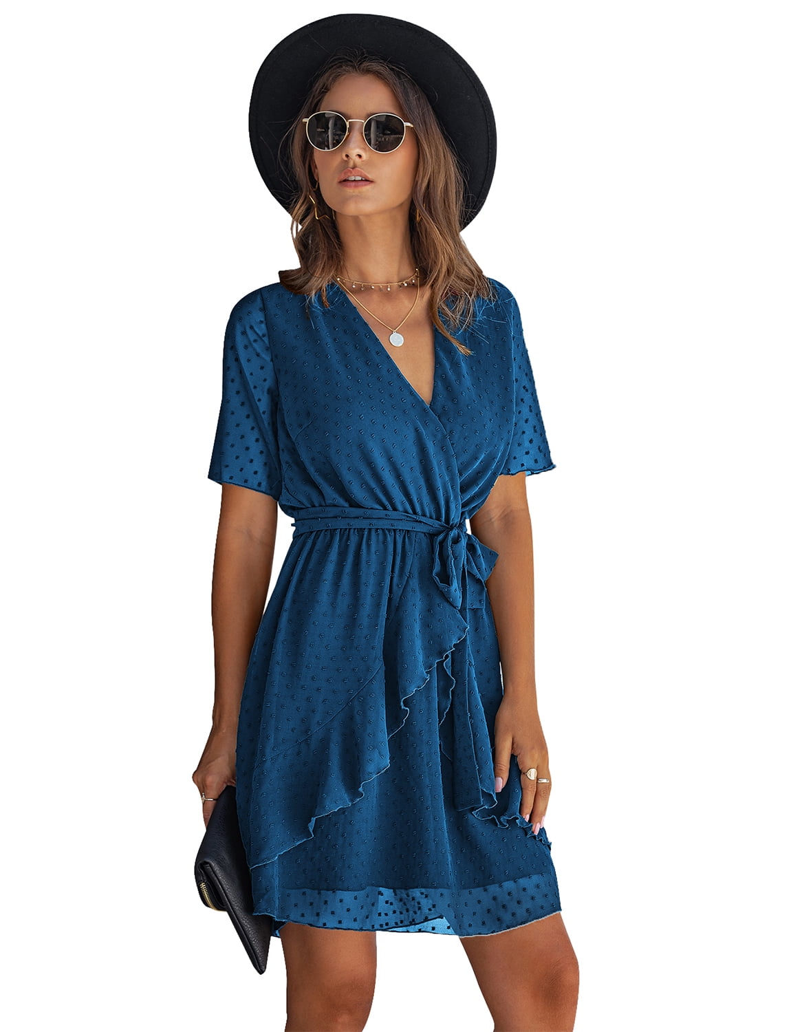 TOP SHE Women Summer Fashion Wrap Swiss Dot V Neck Short Sleeve High TOP SHE Women Summer Fashion Wrap Swiss Dot V Neck Short Sleeve High