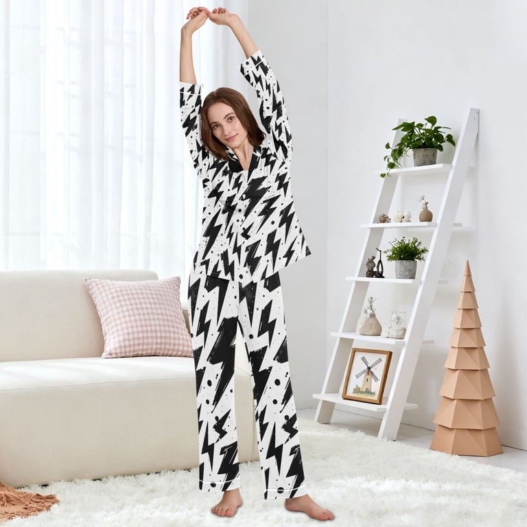 Black Lightning Pattern Women Pajama Set Soft Notch Collar Button Down ...