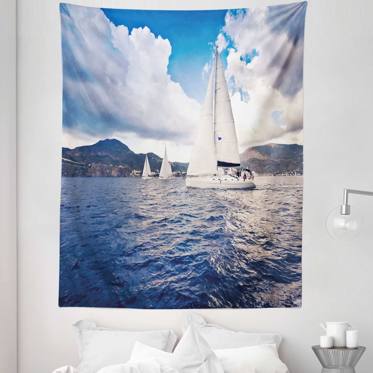Nautical Tapestry, Sailing Boat and Sails on Sea Waves Cloudy Sky ...