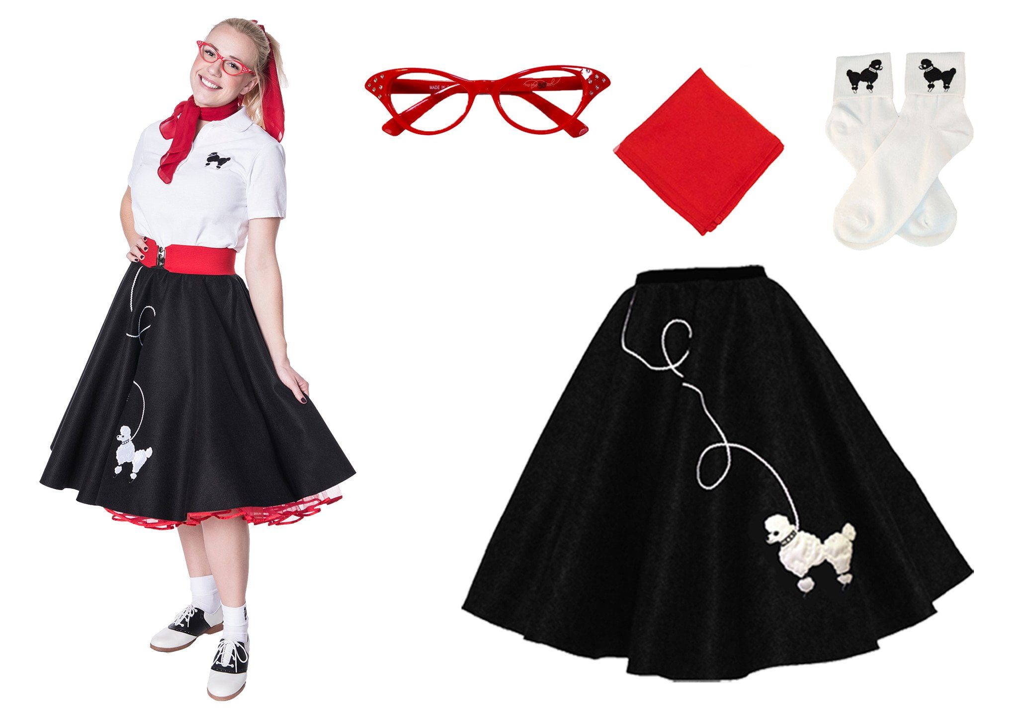 Adult 4 Pc 50s Poodle Skirt Outfit Black W Red Acc M L