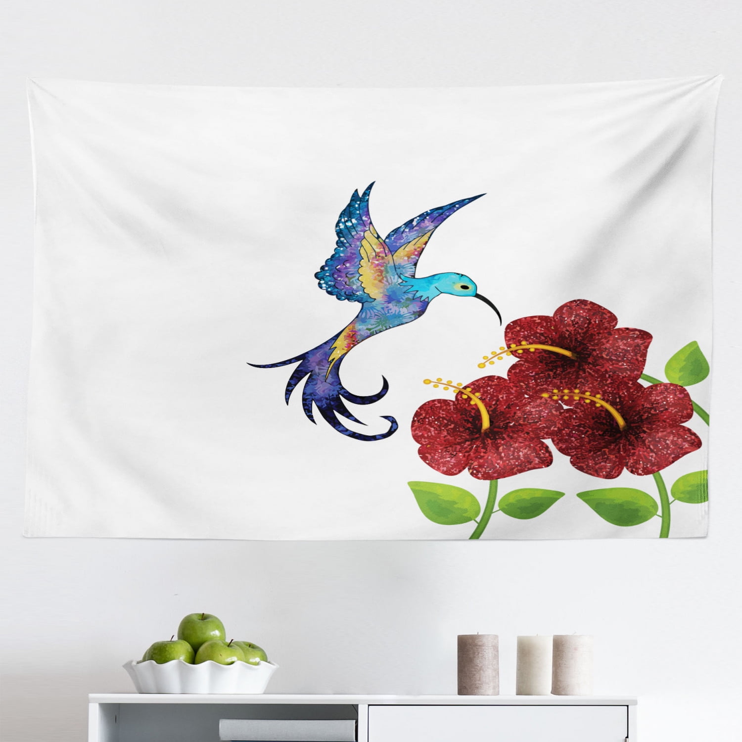 Hummingbird Tapestry, Art with Colibri Bird and Flowers Romantic ...
