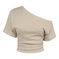 CUSTG Women Blouses Summer Smocked Solid Color Asymmetrical Shoulder ...