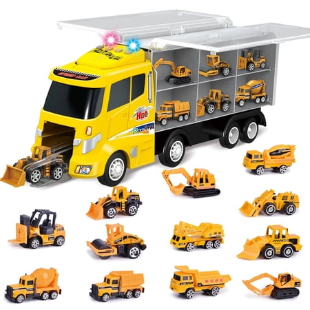 12 Die-cast Construction Heavy Equipment Trucks In Carrier Play Toy ...