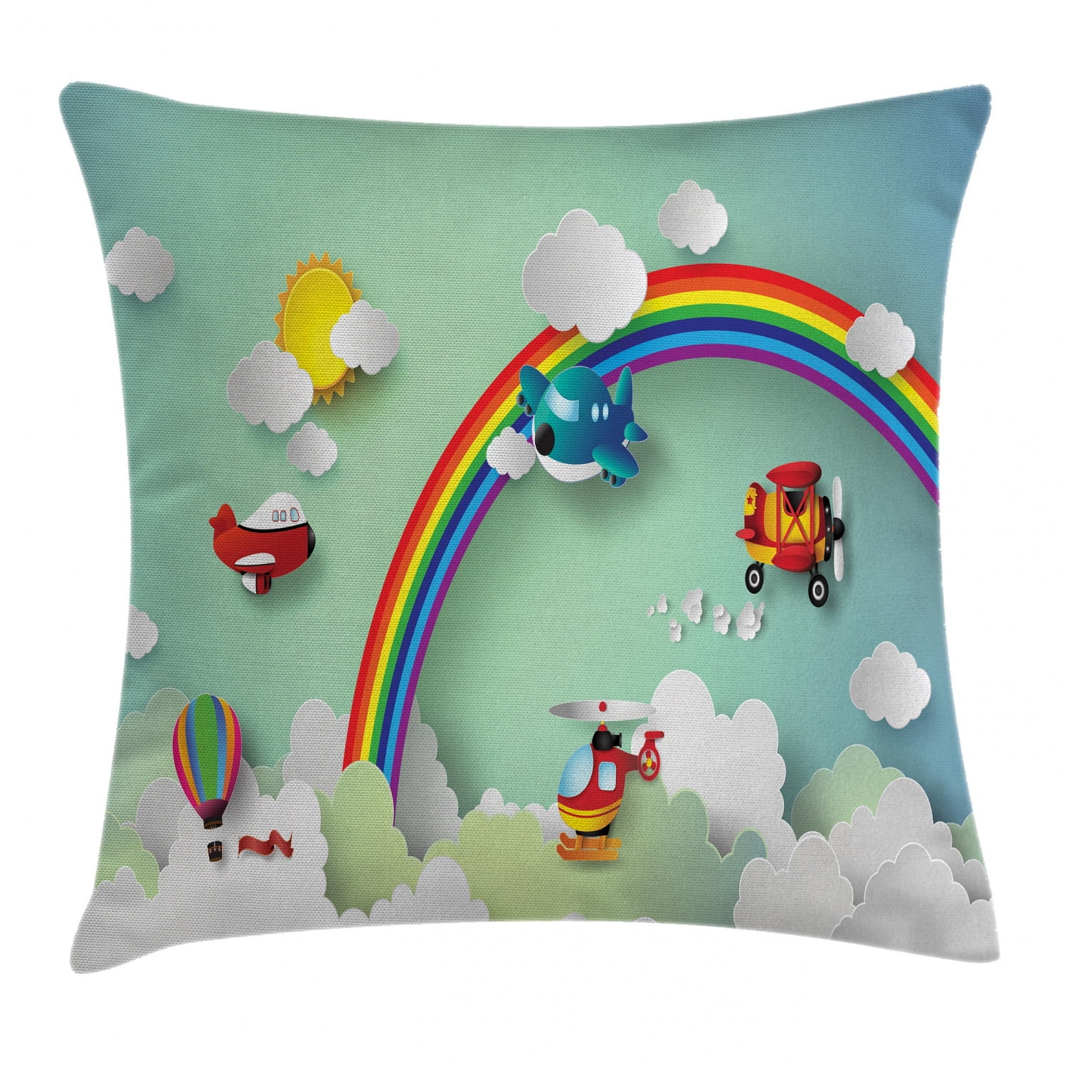 Children Throw Pillow Cushion Cover, Plane Hot Air Balloon Helicopter ...