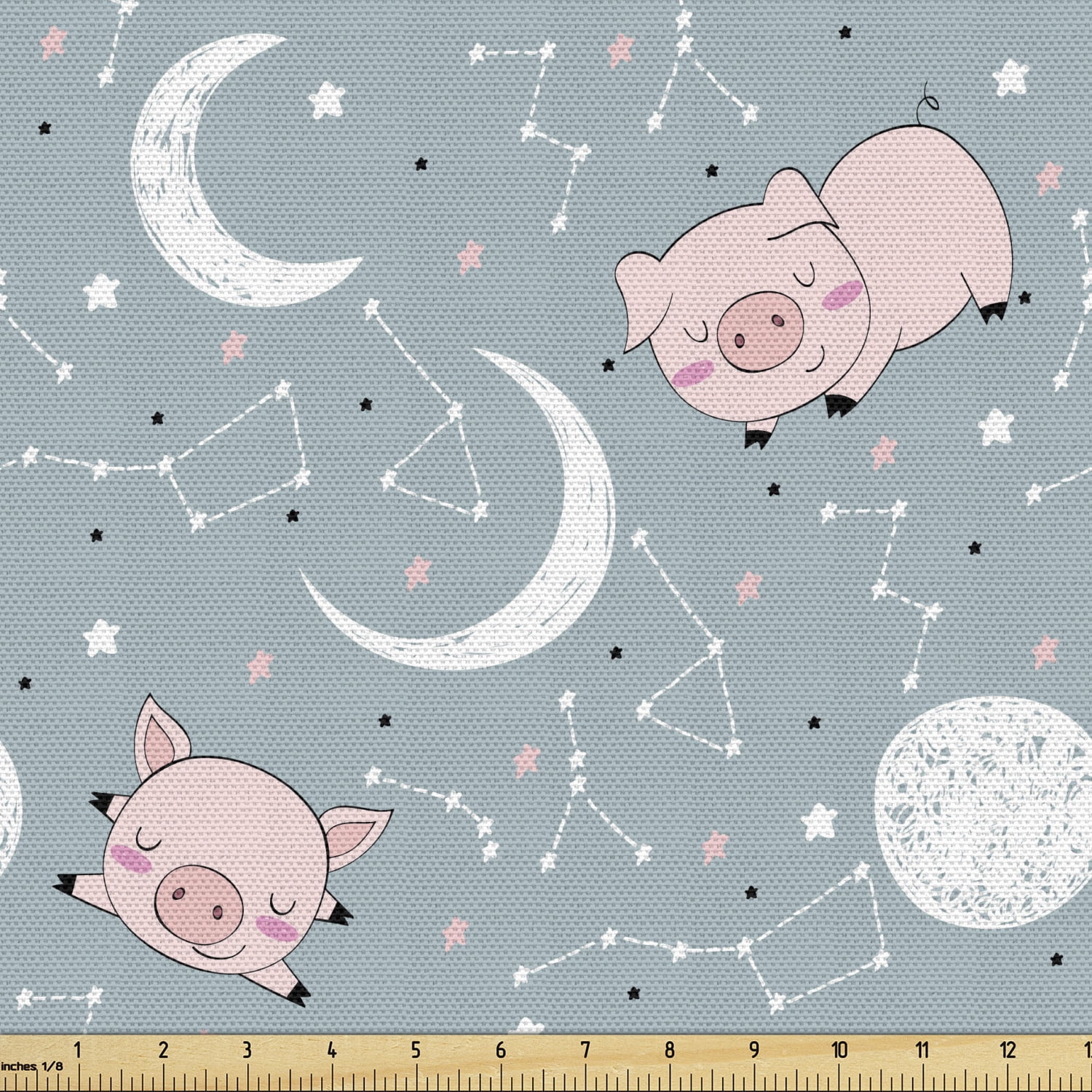 Cartoon Fabric by the Yard, Funny Pig Silhouettes Constellation Stars ...