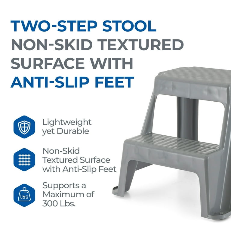 Gracious Living 16 Inch Plastic 2 Step Portable Home Kitchen Stool Gray