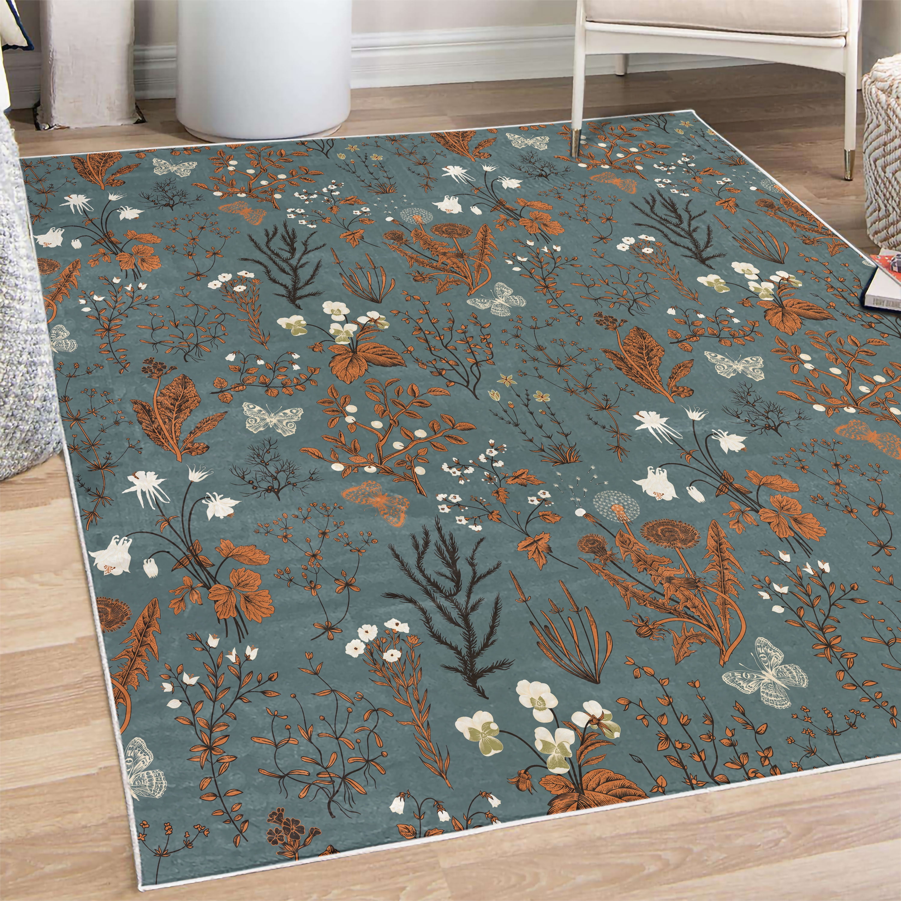 Floral Decorative Rug, Vintage Garden Plants Herbs Flowers Botanical ...