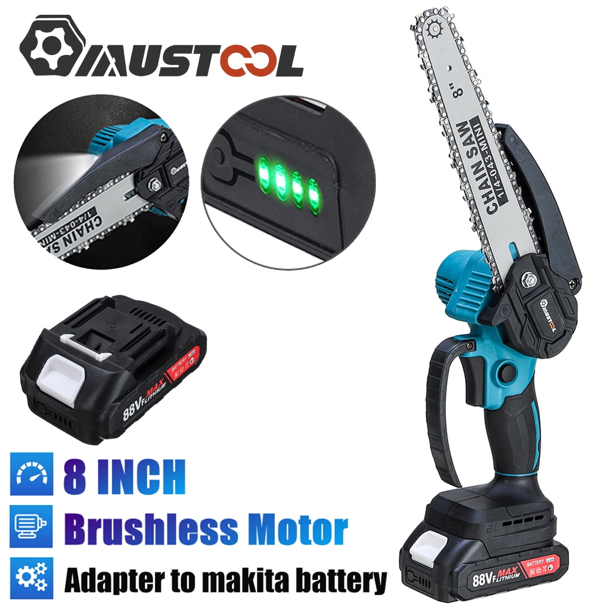 MUSTOOL 8-Inch Electric Chainsaw, LCD Display Battery& LED Lights? 88V ...