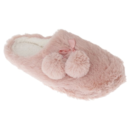 SlumberzzZ Womens Bow Tie And Pom Pom Fleece Slippers With Rubber Sole ...