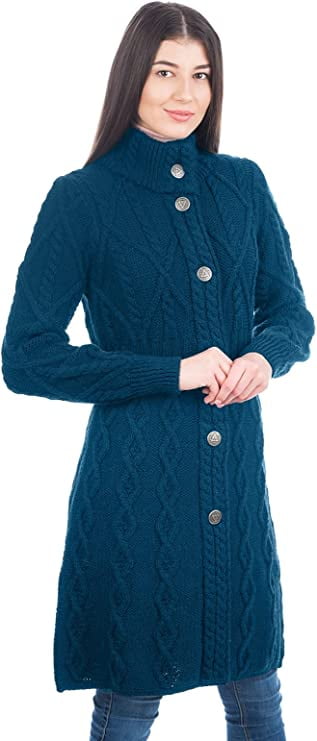 SAOL 100% Merino Wool Irish Cardigan Women's Aran Long Outdoor Cable ...