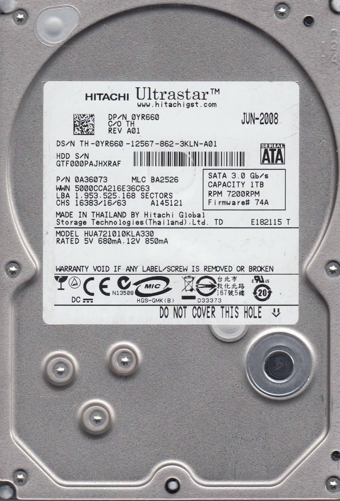 HUA721010KLA330, PN 0A36073, MLC BA2526, Hitachi 1TB SATA 3.5 Hard ...