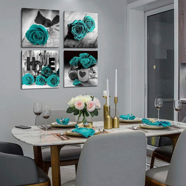 Teal Wall Decor Turquoise Living Room Wall Art Black and White Rose Flower Canvas Prints Pictures for Bedroom Modern Artwork Romantic Love Sign Painting Bathroom Office Home Decorations 12x12 4 Piece