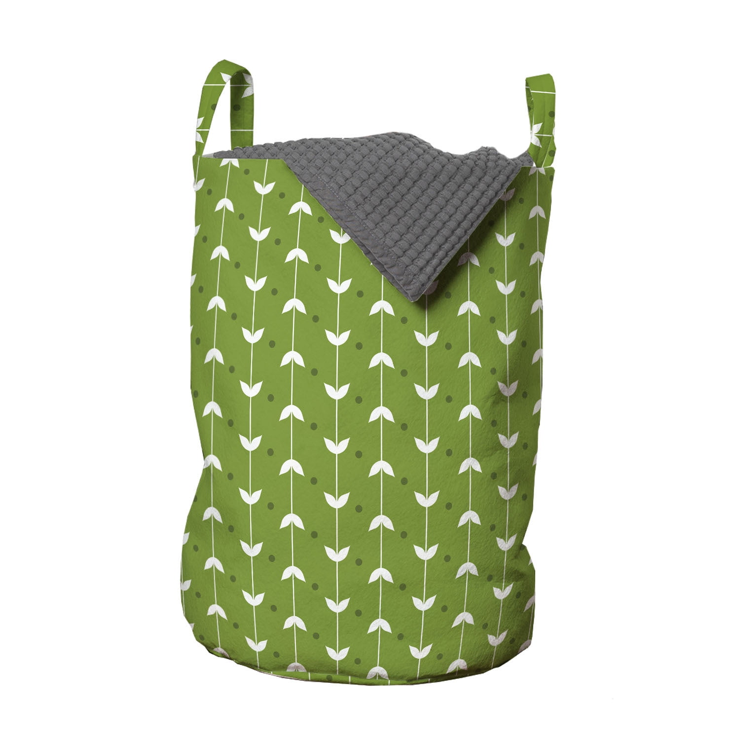 Floral Laundry Bag, Repetitive Vertical Stripes with Leaves and Polka ...