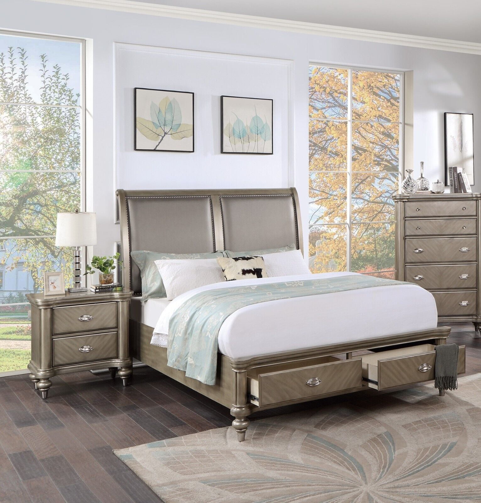 California King Size Bed And 2x Nightstands Grey Finish Bedroom ...