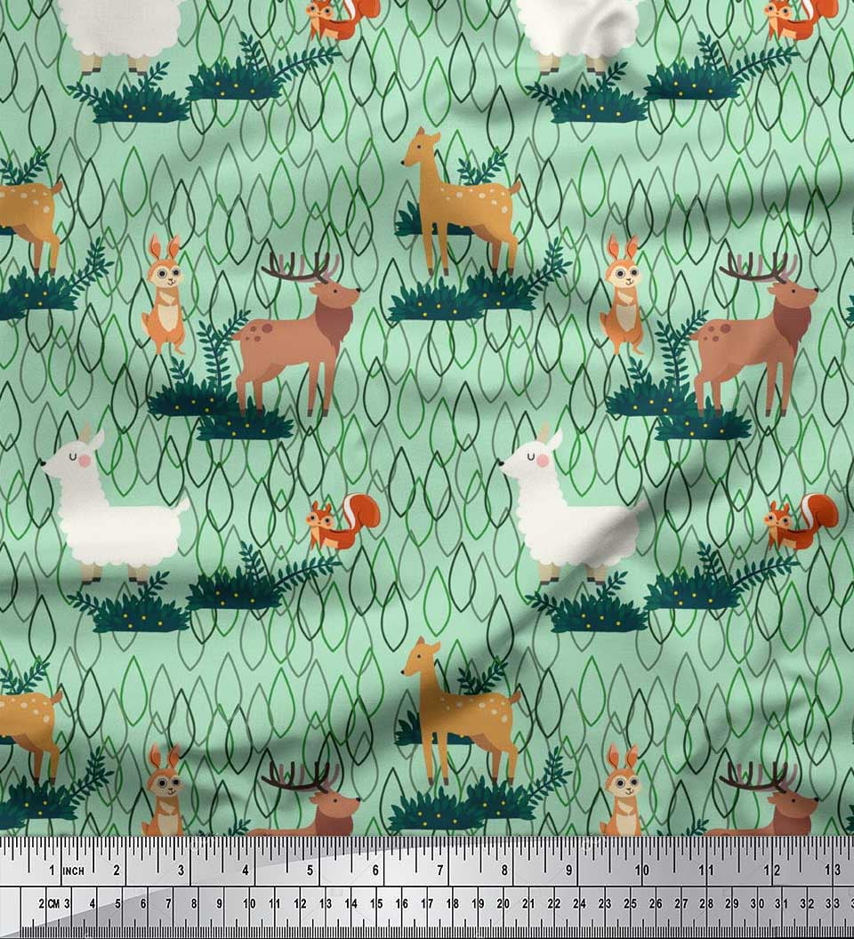 Soimoi Satin Silk Fabric Rabbit,Sheep & Deer Kids Print Fabric by The ...