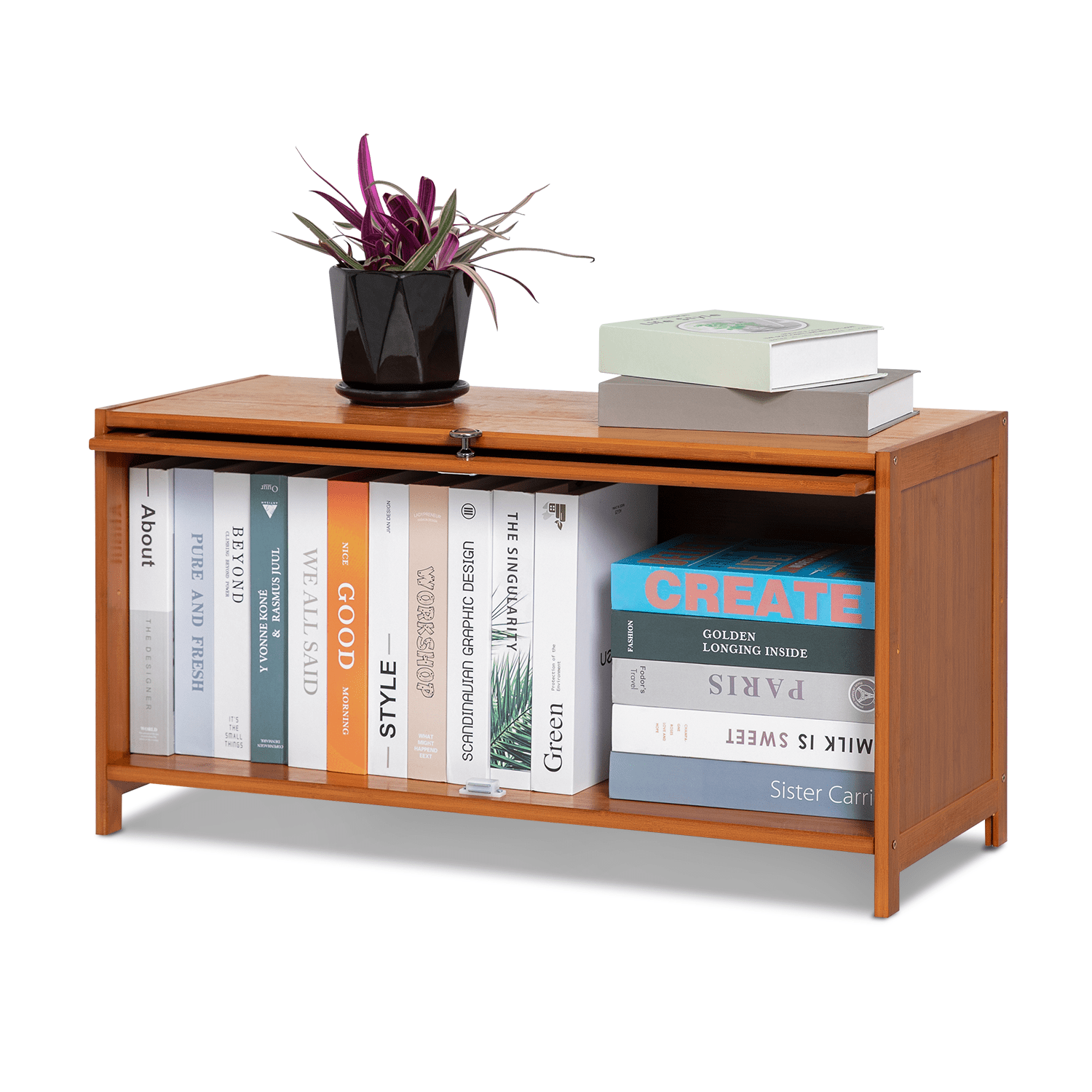 Magshion Bamboo 1 Tiers Bookcase, with Flip Doors Free Standing Book ...