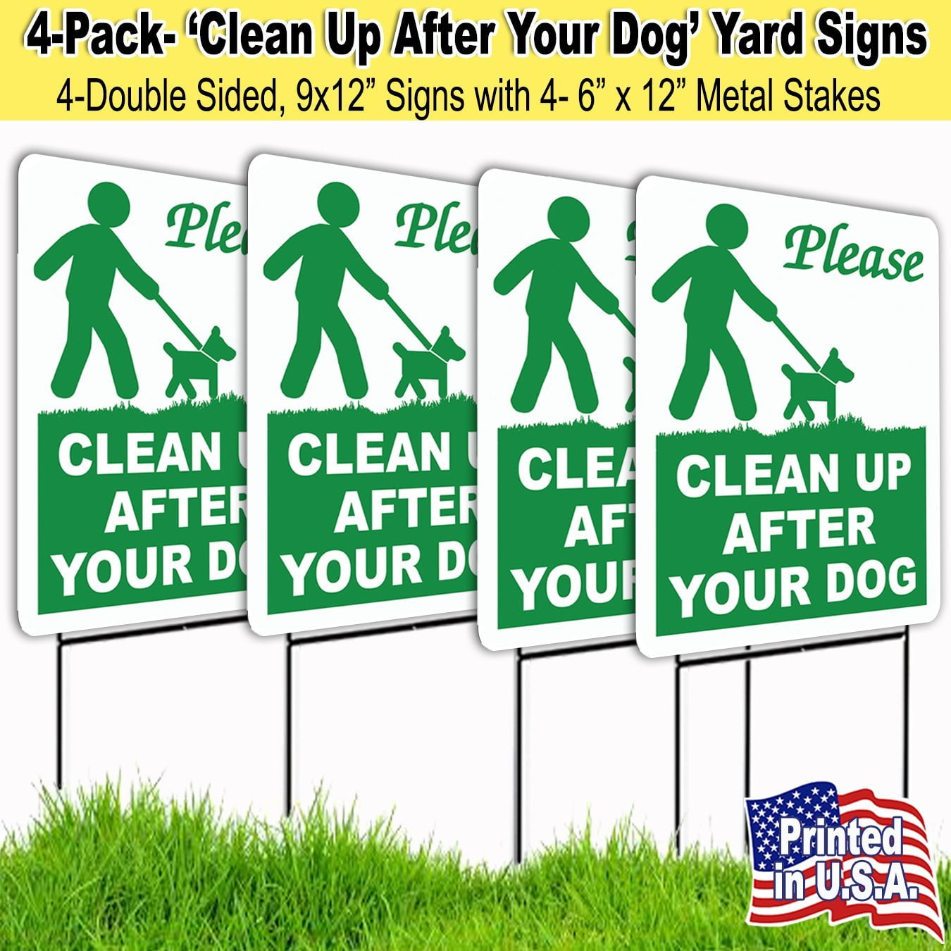 4 Pack 9x12 Clean Up After Your Dog Lawn Signs with H-stakes (4 ...