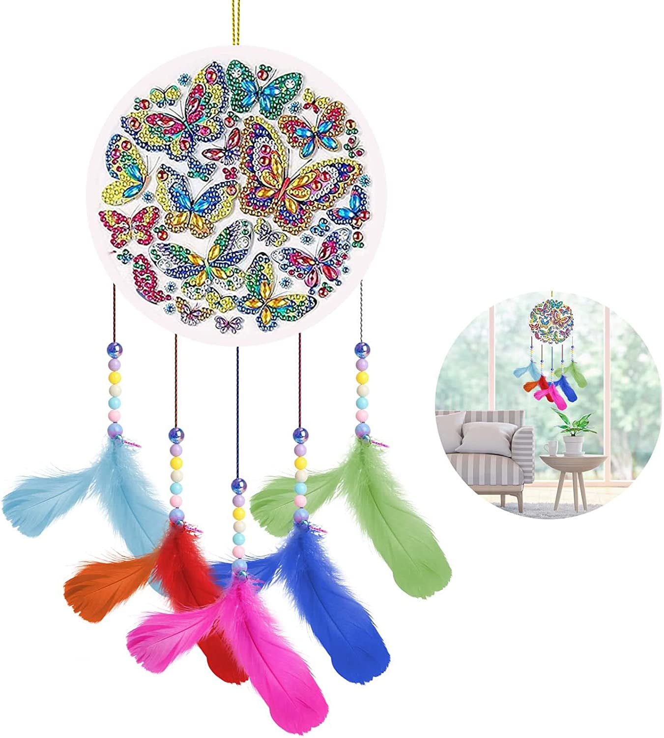 1 Pcs 5D Diamond Suncatcher, Butterfly Diamond Lucky Wind Chimes Double ...