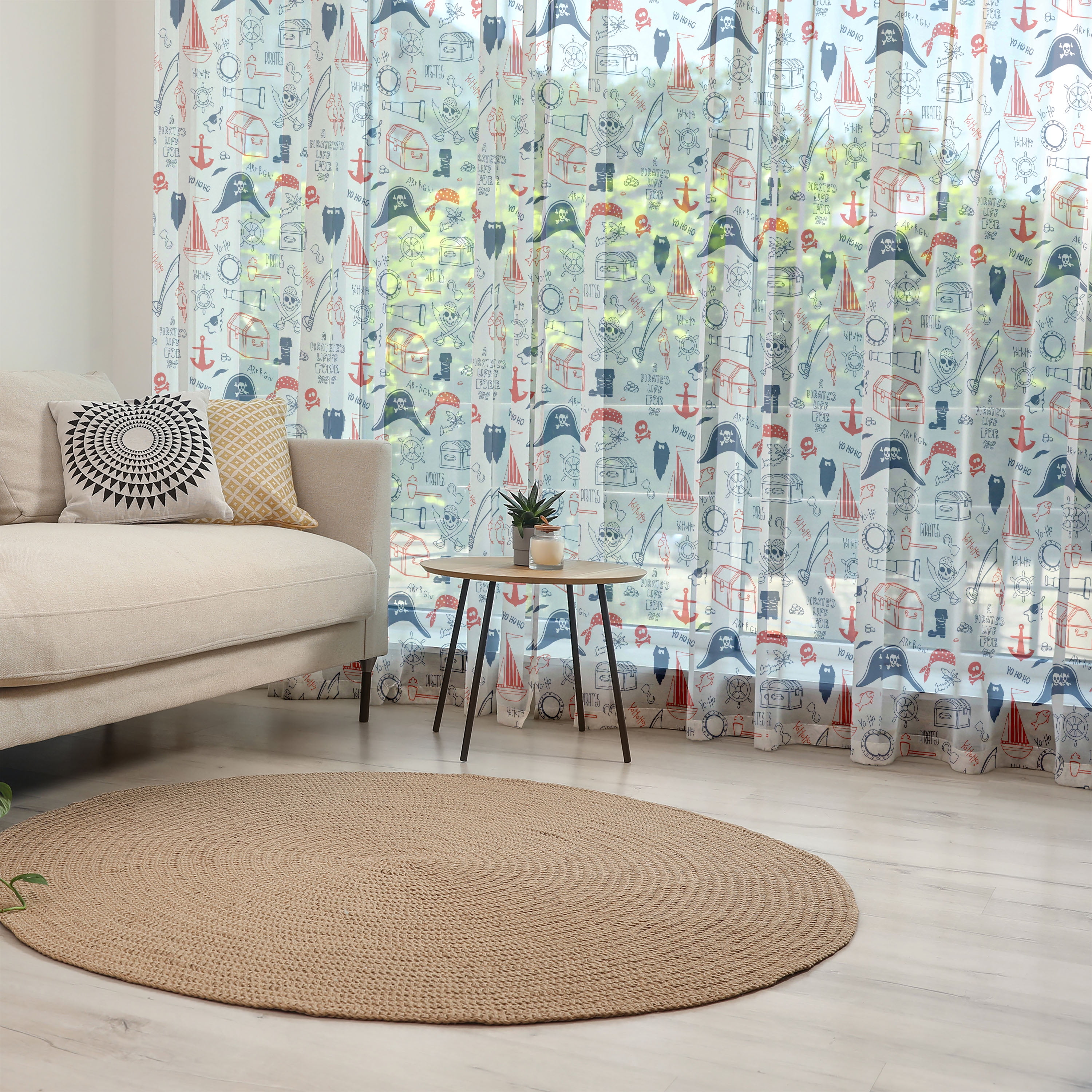 Pirates Tulle Curtains with Rod Pocket, Hand Drawn Style Criminal Sea ...