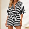 High Waist Striped Romper for Women Collared Neck Half Rolled Sleeves ...
