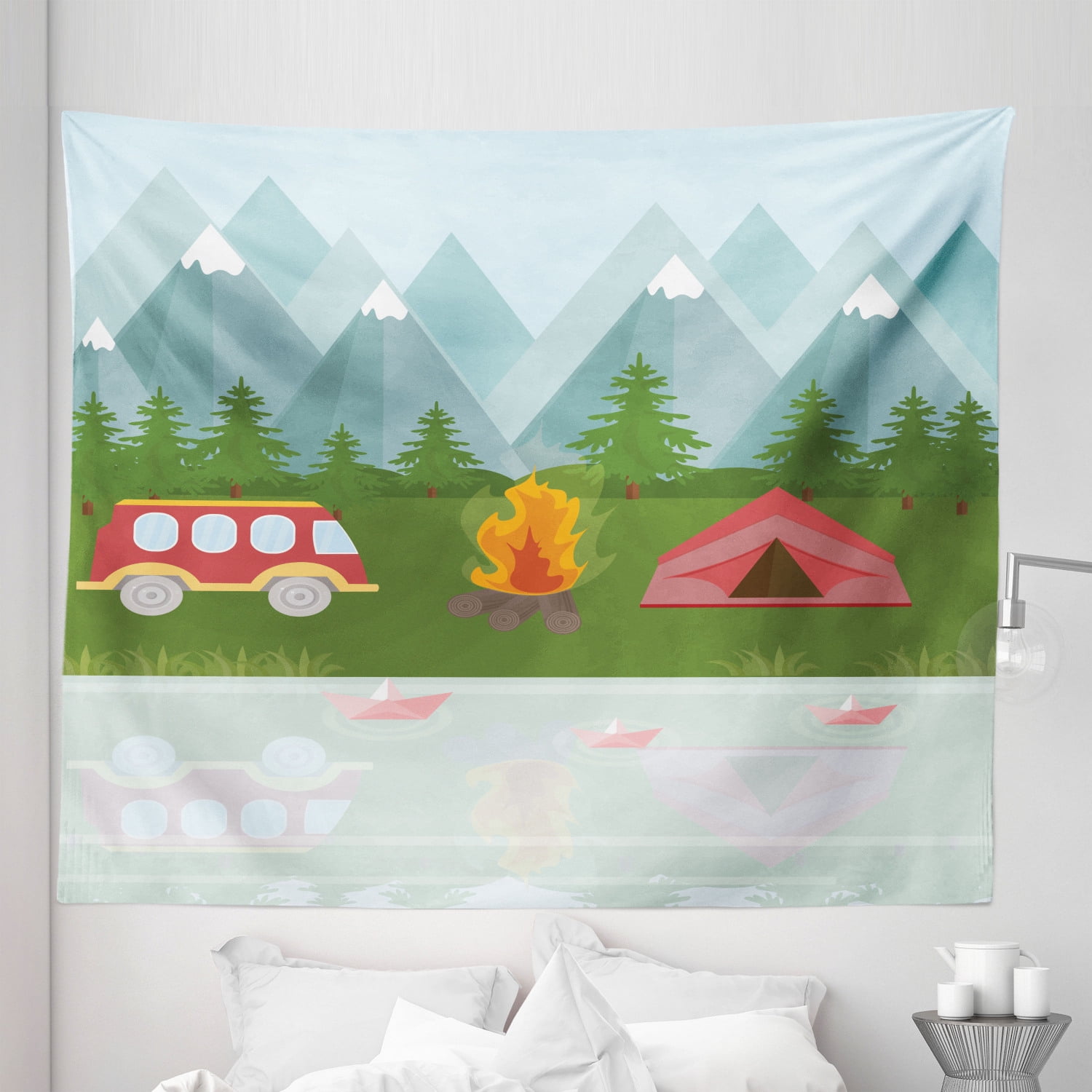 Camper Tapestry, Cartoon Tent and Hippie Style Caravan in the Mountains ...