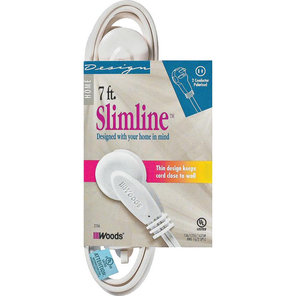 SlimLine 2236 Flat Plug Extension Cord, 2-Wire, 7-Foot, White - Walmart ...