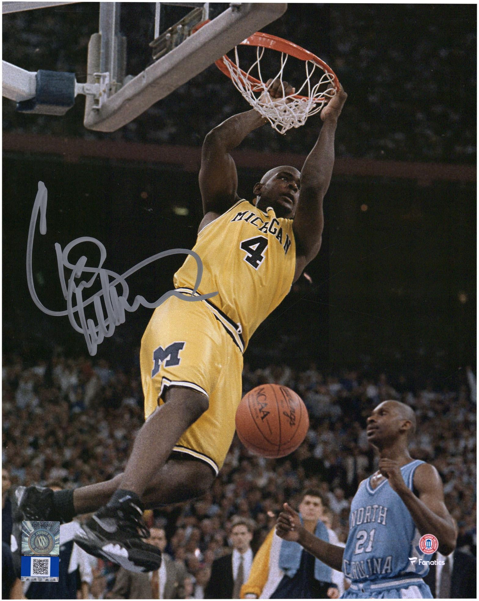 Chris Webber Michigan Wolverines Autographed 8" x 10" Dunk vs. UNC Tar ...