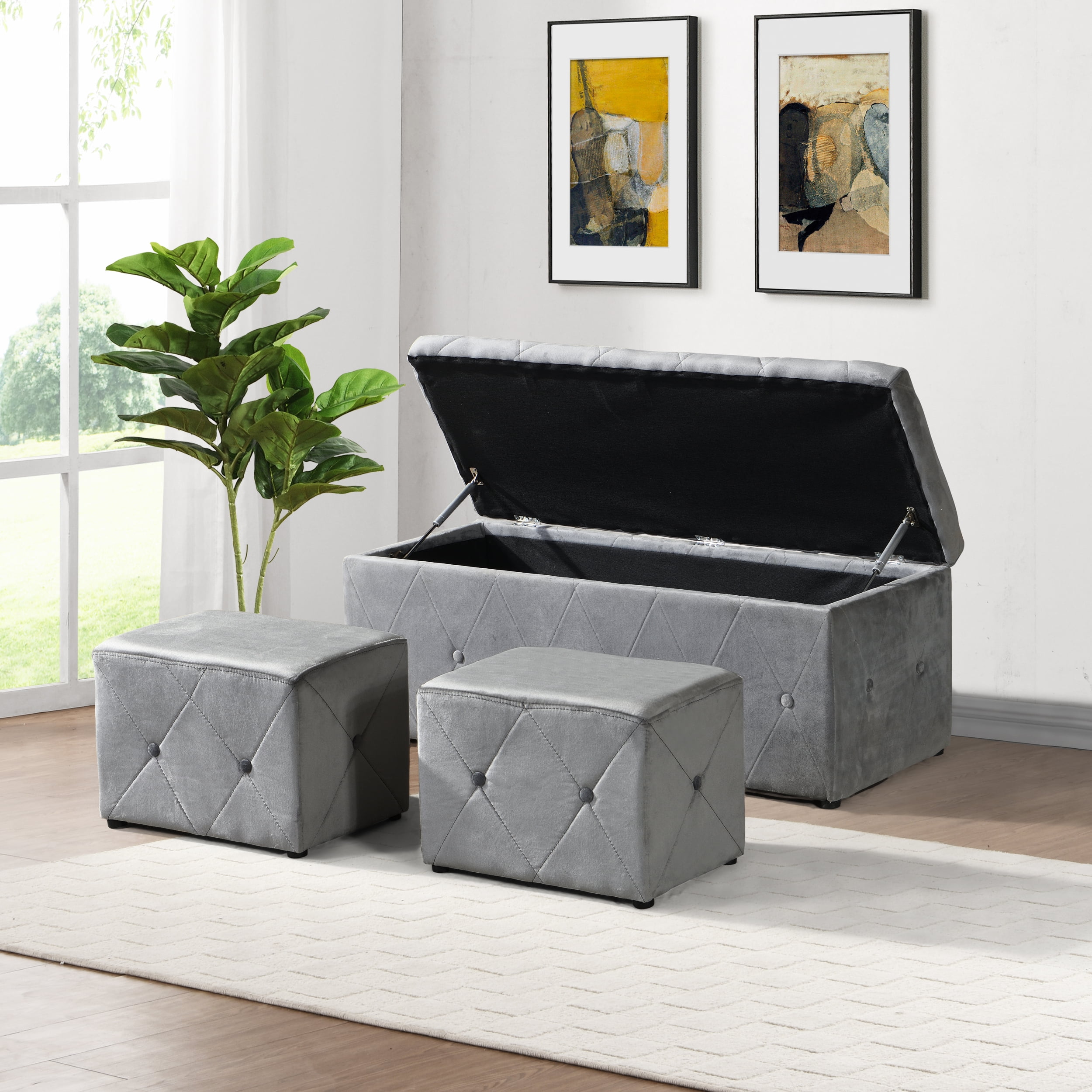 1 Piece Rectangular Storage Ottoman Bench Short velvet with 2 Set ...