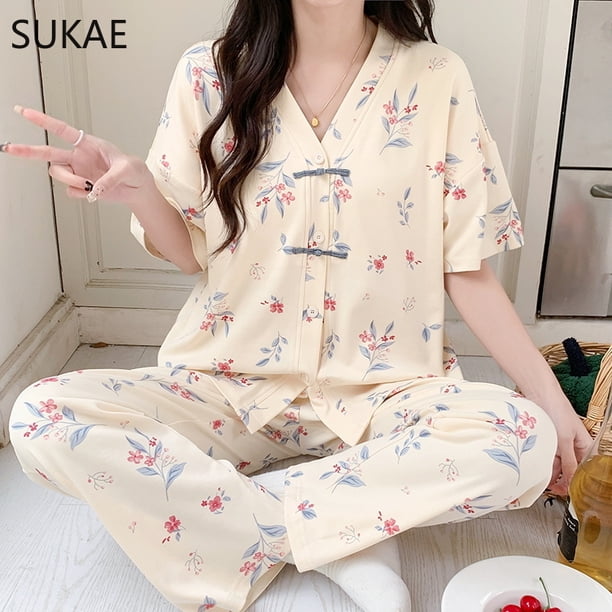 SUKAE Women Pajamas Set Summer Faux Cotton Sleepwear for Girl Leisure ...