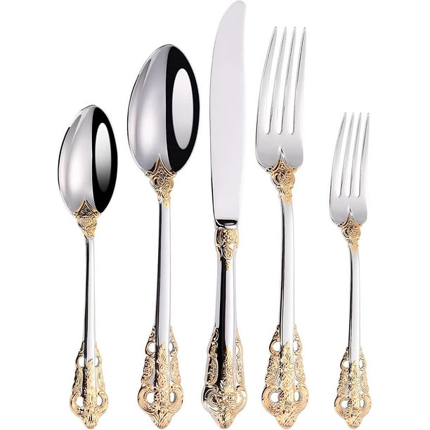 Part Gold 5 Piece Cutlery Set Vintage Flatware Stainless Steel Spoon ...