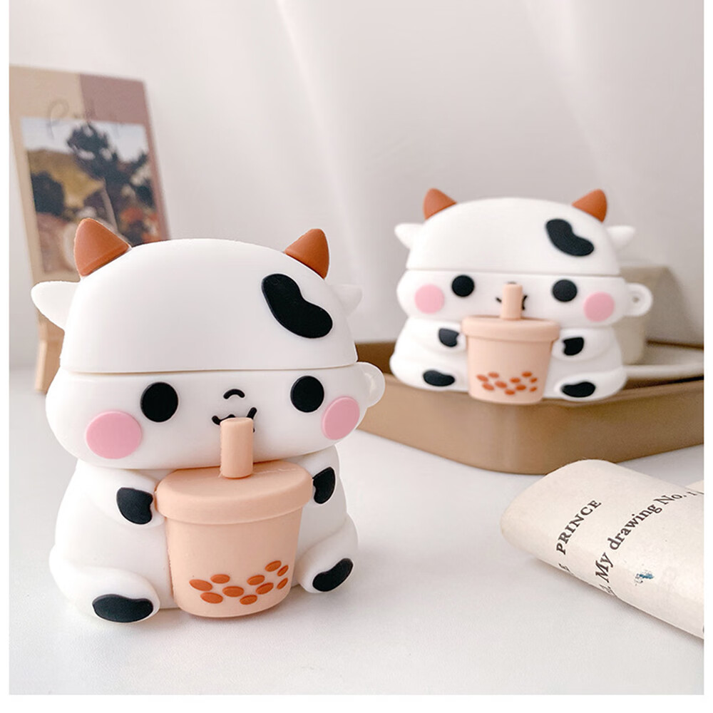 Seekfunning Cute Airpods Case, Airpods 2 Case, Boba Tea Cow Funny 3D Cartoon Animal Case, Soft ...